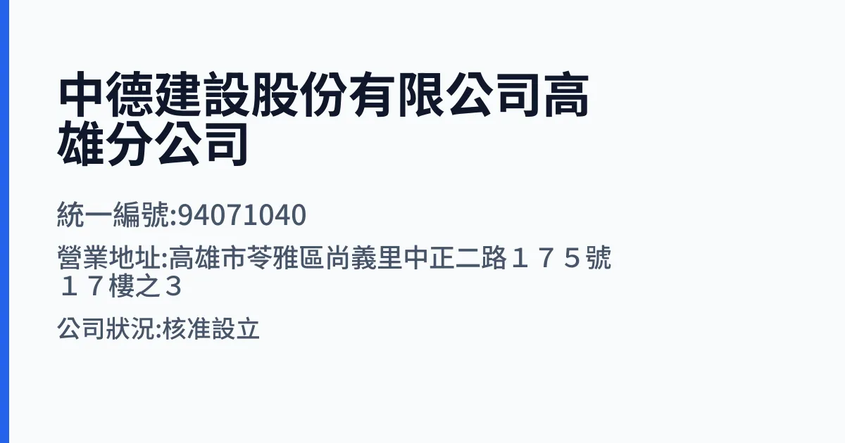 中德建設股份有限公司高雄分公司 - 統編 94071040(高雄市) 公司登記資料與營業項目詳細圖表