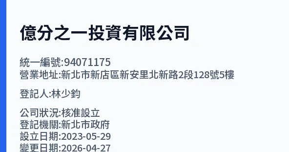 億分之一投資有限公司的照片-統編 94071175(新北市) 公司登記資料與營業項目詳細圖表