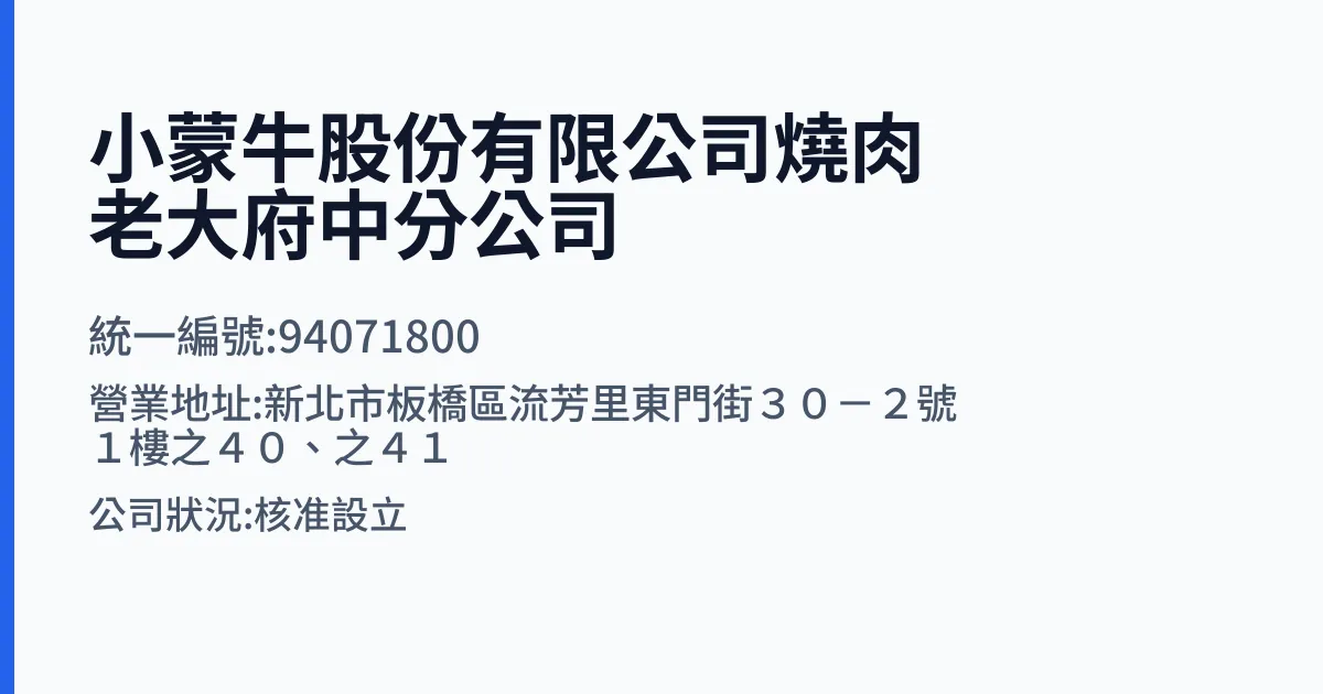 小蒙牛股份有限公司燒肉老大府中分公司 - 統編 94071800(新北市) 公司登記資料與營業項目詳細圖表