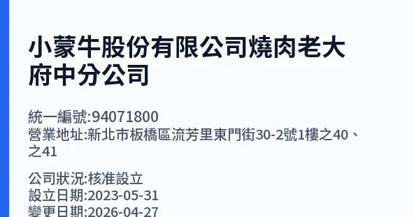 小蒙牛股份有限公司燒肉老大府中分公司的照片-統編 94071800(新北市) 公司登記資料與營業項目詳細圖表