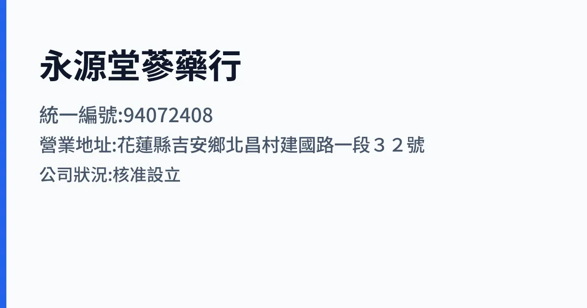 永源堂蔘藥行 - 統編 94072408(花蓮縣) 公司登記資料與營業項目詳細圖表
