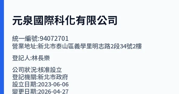 元泉國際科化有限公司的照片-統編 94072701(新北市) 公司登記資料與營業項目詳細圖表