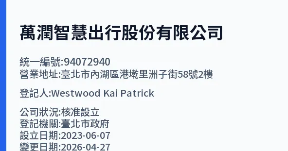 萬潤智慧出行股份有限公司的照片-統編 94072940(臺北市) 公司登記資料與營業項目詳細圖表