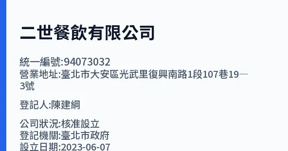 二世餐飲有限公司的照片-統編 94073032(臺北市) 公司登記資料與營業項目詳細圖表