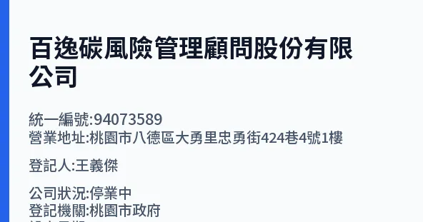 百逸碳風險管理顧問股份有限公司的照片-統編 94073589(桃園市) 公司登記資料與營業項目詳細圖表
