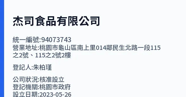 杰司食品有限公司的照片-統編 94073743(桃園市) 公司登記資料與營業項目詳細圖表