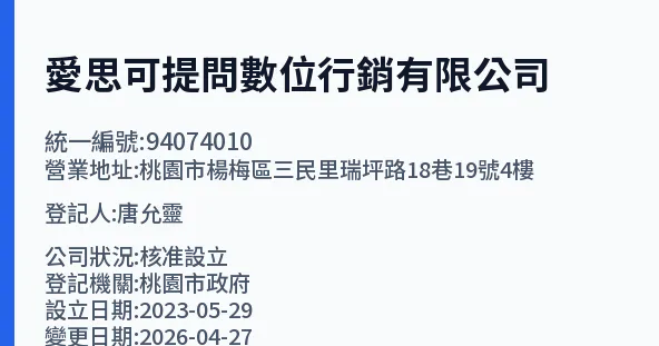 愛思可提問數位行銷有限公司的照片-統編 94074010(桃園市) 公司登記資料與營業項目詳細圖表