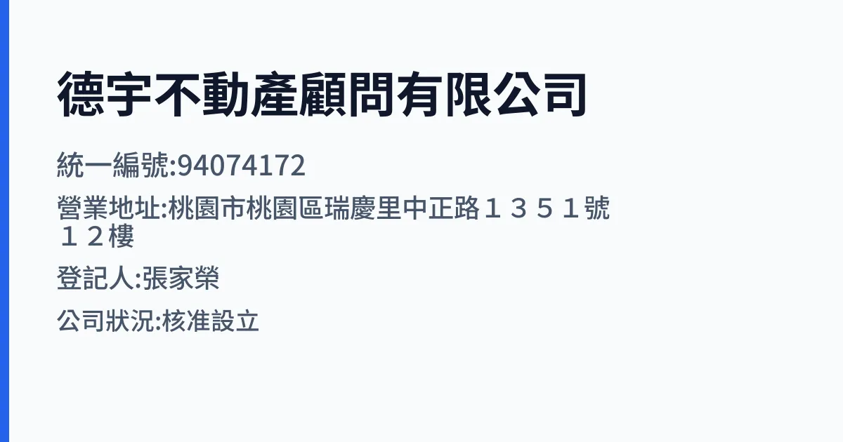 德宇不動產顧問有限公司 - 統編 94074172(桃園市) 公司登記資料與營業項目詳細圖表