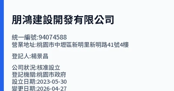朋鴻建設開發有限公司的照片-統編 94074588(桃園市) 公司登記資料與營業項目詳細圖表