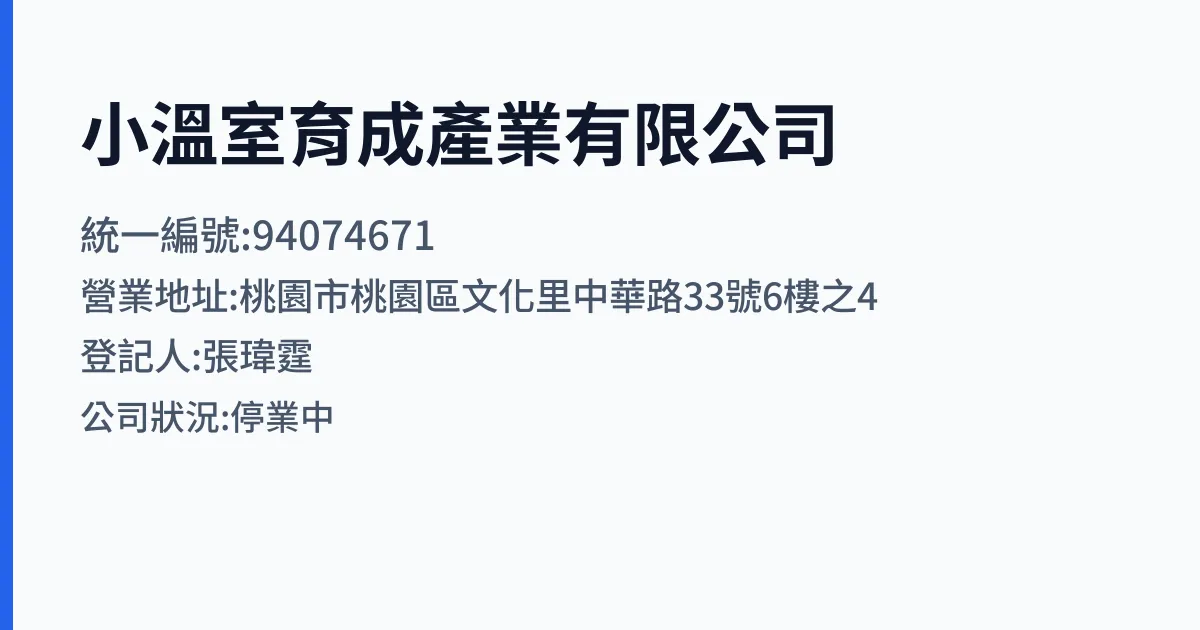 小溫室育成產業有限公司 - 統編 94074671(桃園市) 公司登記資料與營業項目詳細圖表