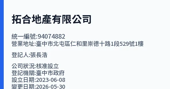 拓合地產有限公司的照片-統編 94074882(臺中市) 公司登記資料與營業項目詳細圖表