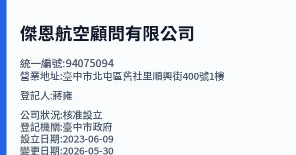 傑恩航空顧問有限公司的照片-統編 94075094(臺中市) 公司登記資料與營業項目詳細圖表