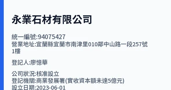 永業石材有限公司的照片-統編 94075427(宜蘭縣) 公司登記資料與營業項目詳細圖表