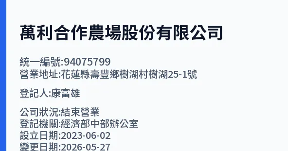 萬利合作農場股份有限公司的照片-統編 94075799(花蓮縣) 公司登記資料與營業項目詳細圖表