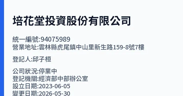 培花堂投資股份有限公司的照片-統編 94075989(雲林縣) 公司登記資料與營業項目詳細圖表