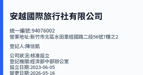 安越國際旅行社有限公司的照片-統編 94076002(新竹市) 公司登記資料與營業項目詳細圖表
