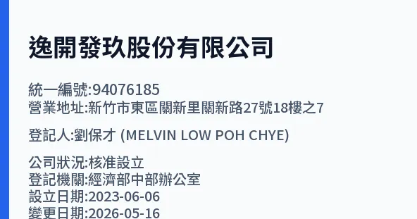 逸開發玖股份有限公司的照片-統編 94076185(新竹市) 公司登記資料與營業項目詳細圖表