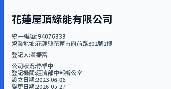 花蓮屋頂綠能有限公司的照片-統編 94076333(花蓮縣) 公司登記資料與營業項目詳細圖表