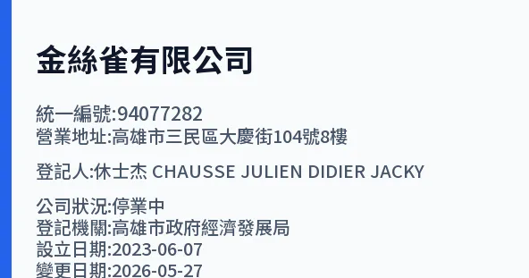 金絲雀有限公司的照片-統編 94077282(高雄市) 公司登記資料與營業項目詳細圖表