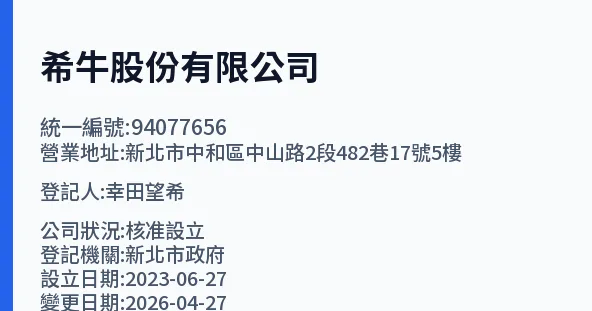 希牛股份有限公司的照片-統編 94077656(新北市) 公司登記資料與營業項目詳細圖表
