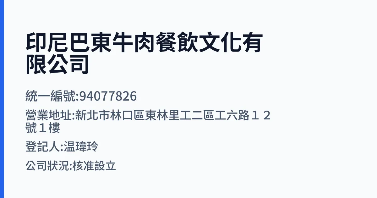 印尼巴東牛肉餐飲文化有限公司 - 統編 94077826(新北市) 公司登記資料與營業項目詳細圖表