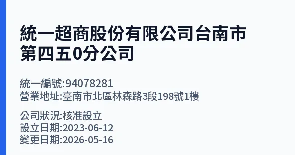 統一超商股份有限公司台南市第四五0分公司的照片-統編 94078281(臺南市) 公司登記資料與營業項目詳細圖表
