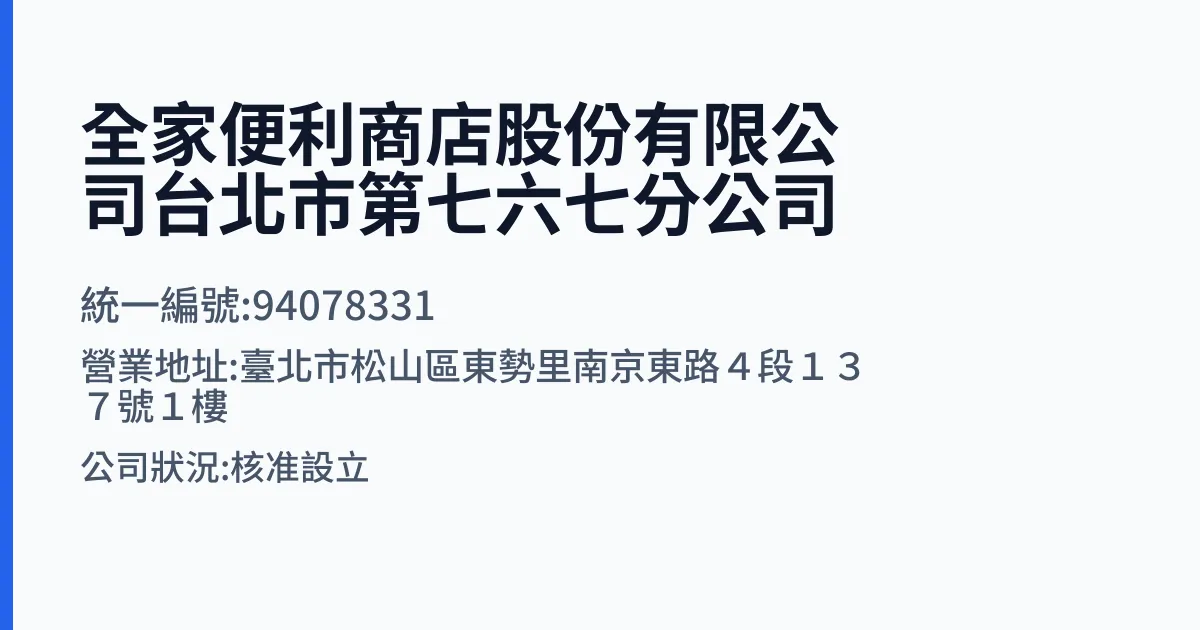 全家便利商店股份有限公司台北市第七六七分公司 - 統編 94078331(臺北市) 公司登記資料與營業項目詳細圖表