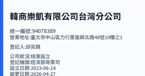 韓商樂凱有限公司台灣分公司的照片-統編 94078389(臺北市) 公司登記資料與營業項目詳細圖表