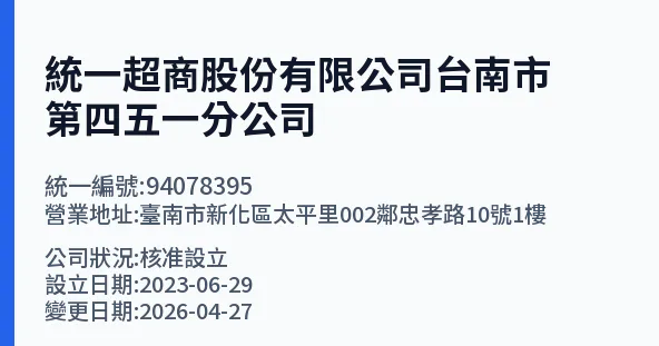 統一超商股份有限公司台南市第四五一分公司的照片-統編 94078395(臺南市) 公司登記資料與營業項目詳細圖表