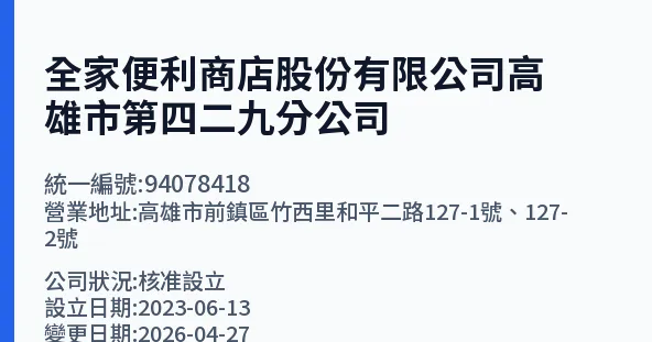 全家便利商店股份有限公司高雄市第四二九分公司的照片-統編 94078418(高雄市) 公司登記資料與營業項目詳細圖表