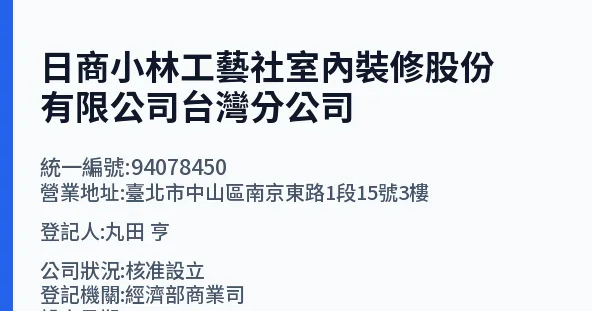 日商小林工藝社室內裝修股份有限公司台灣分公司的照片-統編 94078450(臺北市) 公司登記資料與營業項目詳細圖表