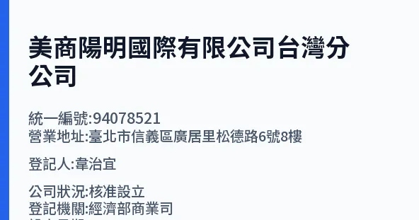 美商陽明國際有限公司台灣分公司的照片-統編 94078521(臺北市) 公司登記資料與營業項目詳細圖表