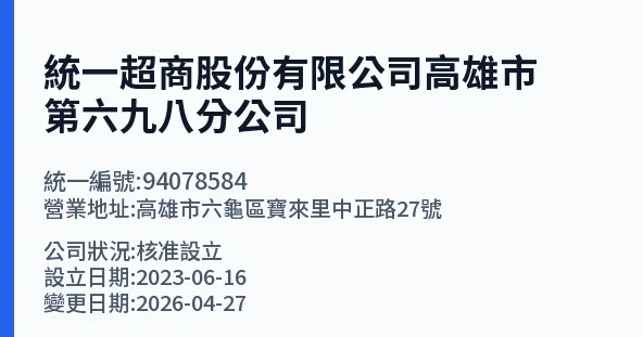 統一超商股份有限公司高雄市第六九八分公司的照片-統編 94078584(高雄市) 公司登記資料與營業項目詳細圖表