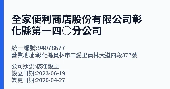 全家便利商店股份有限公司彰化縣第一四○分公司的照片-統編 94078677(彰化縣) 公司登記資料與營業項目詳細圖表