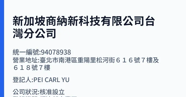 新加坡商納新科技有限公司台灣分公司的照片-統編 94078938(臺北市) 公司登記資料與營業項目詳細圖表