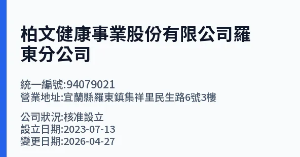 柏文健康事業股份有限公司羅東分公司的照片-統編 94079021(宜蘭縣) 公司登記資料與營業項目詳細圖表