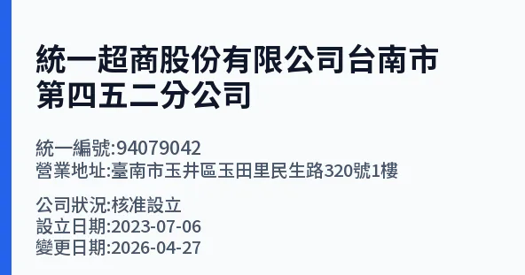 統一超商股份有限公司台南市第四五二分公司的照片-統編 94079042(臺南市) 公司登記資料與營業項目詳細圖表