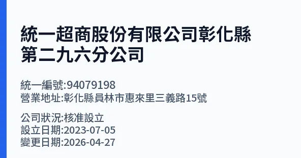 統一超商股份有限公司彰化縣第二九六分公司的照片-統編 94079198(彰化縣) 公司登記資料與營業項目詳細圖表