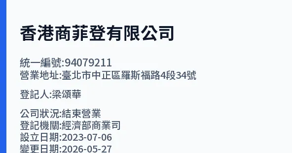 香港商菲登有限公司的照片-統編 94079211(臺北市) 公司登記資料與營業項目詳細圖表