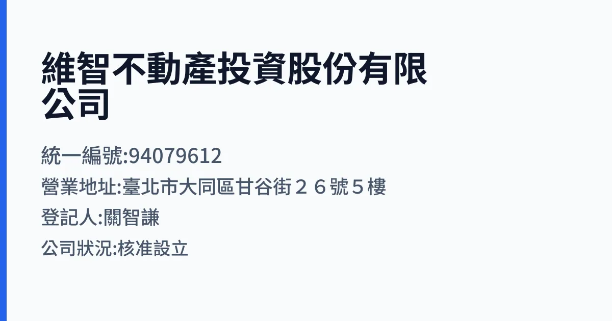 維智不動產投資股份有限公司 - 統編 94079612(臺北市) 公司登記資料與營業項目詳細圖表