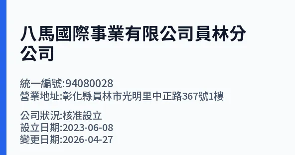 八馬國際事業有限公司員林分公司的照片-統編 94080028(彰化縣) 公司登記資料與營業項目詳細圖表