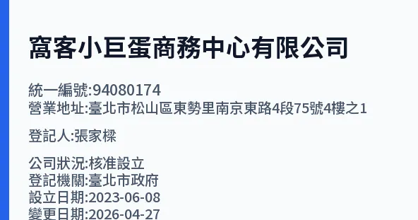 窩客小巨蛋商務中心有限公司的照片-統編 94080174(臺北市) 公司登記資料與營業項目詳細圖表