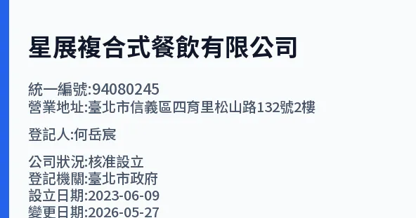 星展複合式餐飲有限公司的照片-統編 94080245(臺北市) 公司登記資料與營業項目詳細圖表