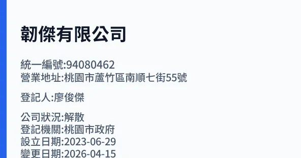韌傑有限公司的照片-統編 94080462(桃園市) 公司登記資料與營業項目詳細圖表