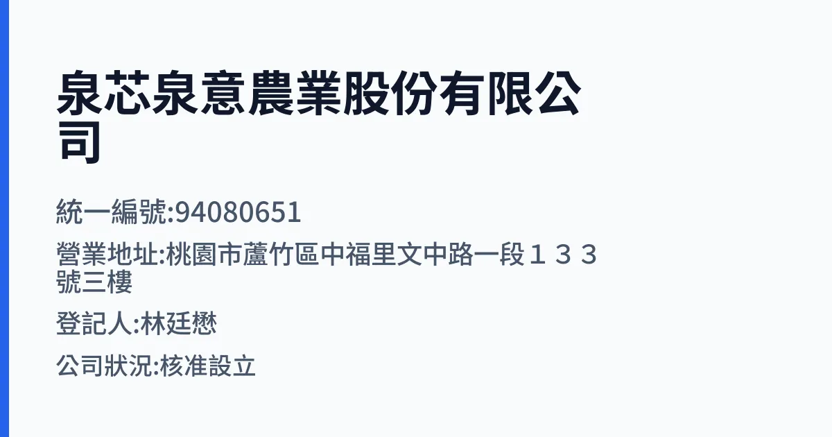 泉芯泉意農業股份有限公司 - 統編 94080651(桃園市) 公司登記資料與營業項目詳細圖表
