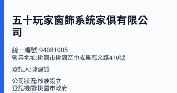 五十玩家窗飾系統家俱有限公司的照片-統編 94081005(桃園市) 公司登記資料與營業項目詳細圖表