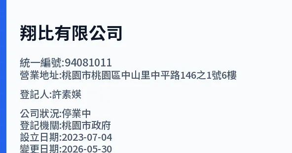 翔比有限公司的照片-統編 94081011(桃園市) 公司登記資料與營業項目詳細圖表