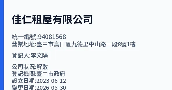 佳仁租屋有限公司的照片-統編 94081568(臺中市) 公司登記資料與營業項目詳細圖表