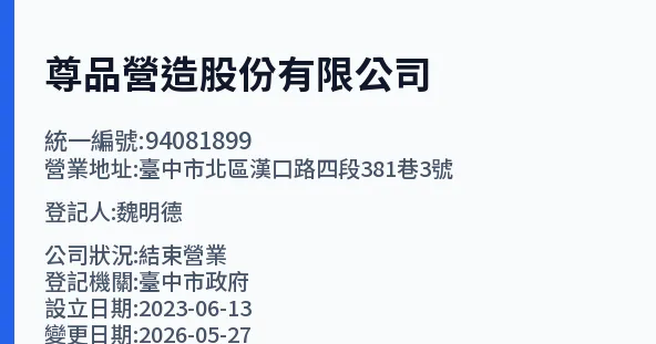 尊品營造股份有限公司的照片-統編 94081899(臺中市) 公司登記資料與營業項目詳細圖表