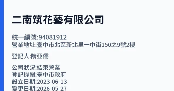 二南筑花藝有限公司的照片-統編 94081912(臺中市) 公司登記資料與營業項目詳細圖表
